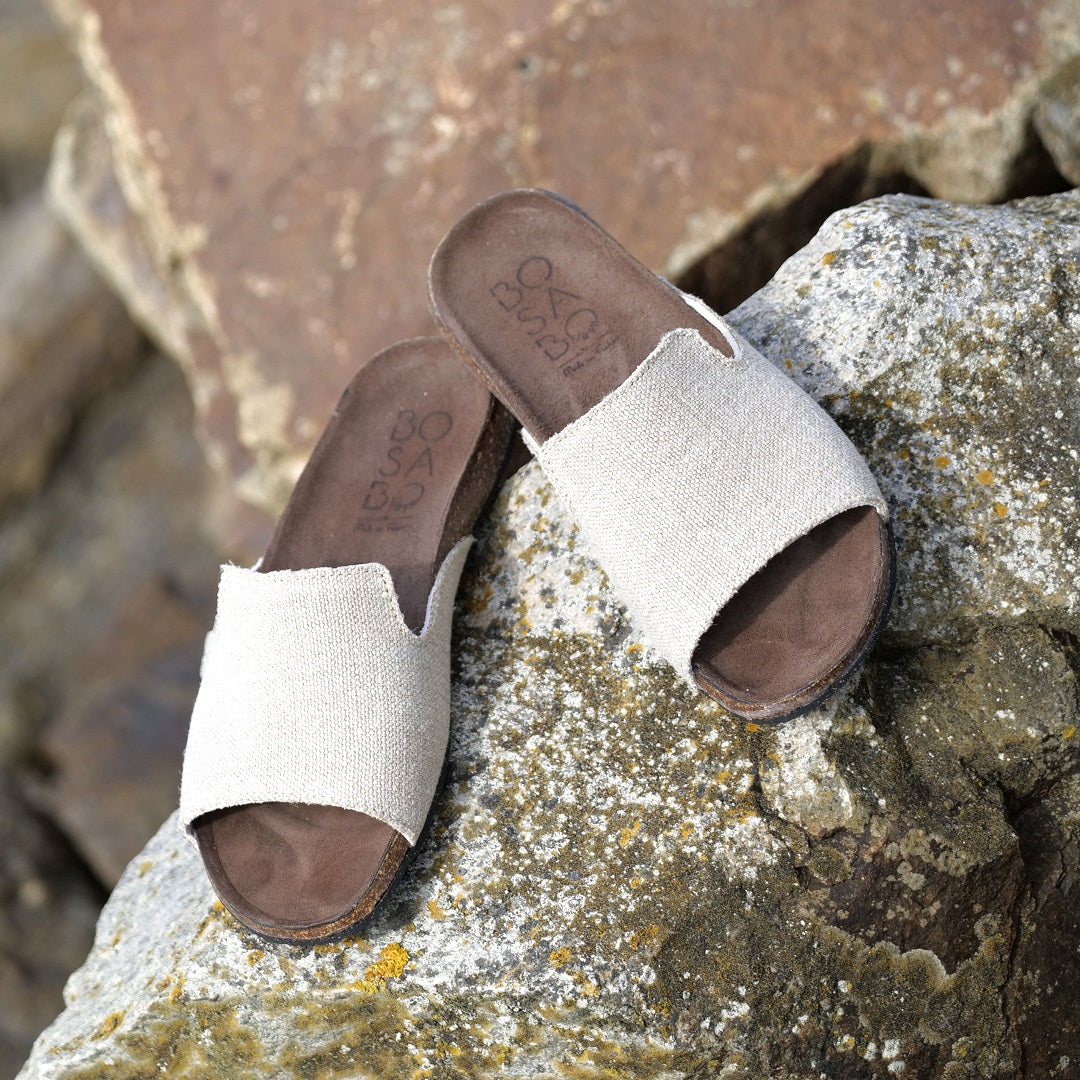 Livia mules: linen fabric with cork sole made in France Bosabo